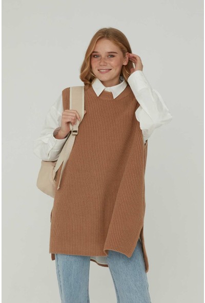 Düz Örgü Süveter Sütlü Kahve