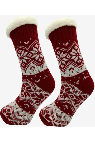 Shocks Kışlık Kırmızı Beyaz Peluş Çocuk Ev Çorabı