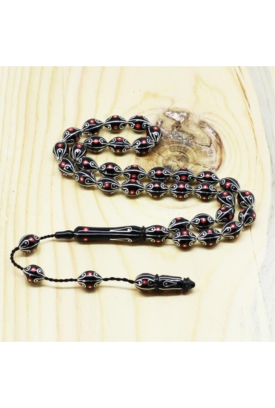 Tesbih Pasajı Sistemli Kırmızı Mineli Gümüş Nakkaş Oltu Taşı Tesbih