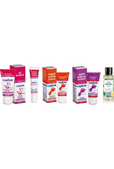 Lapitak Ayak Bakım 60 ml + Topuk Çatlak 60 ml + Tırnak Bakım 15 ml + El Kremi 60 ml + Marmara Kolonyası 50 ml Lapitak Ayak Bakım 60 ml + Topuk Çatlak 60 ml + Tırnak Bakım 15 ml + El Kremi 60 ml + Marmara Kolonyası 50 ml