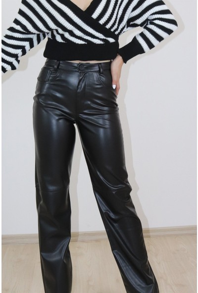 Look Butik Look Boru Paça Deri Kadın Pantolon - Siyah