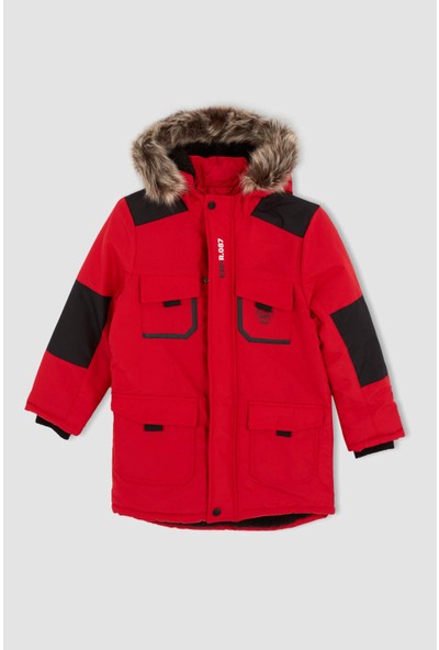 DeFacto Erkek Çocuk Regular Fit Kapüşonlu Çıkarılabilir Suni Kürklü Isı Yalıtımlı Warmtech Peluş Mont Parka U6622A621WN