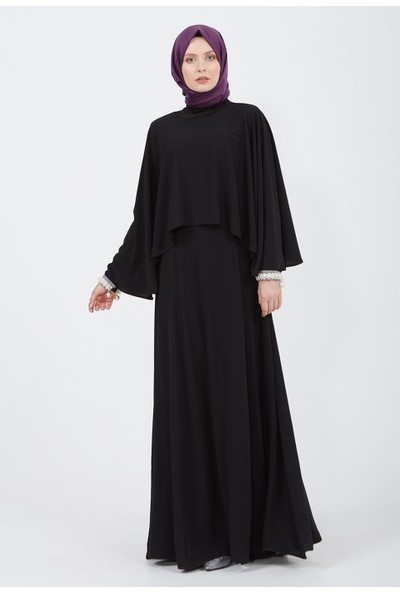 Siyah Kolu Inci Detaylı Pelerinli Elbise 19362778