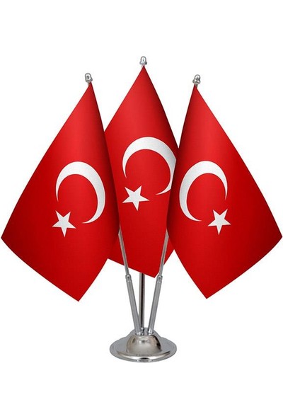 Masa Üstü Üçlü Türkiye Cumhuriyeti Bayrağı Üçlü Krom Direk Masa Bayrak Seti Masa Üstü Üçlü Türkiye Cumhuriyeti Bayrağı Üçlü Krom Direk Masa Bayrak Seti
