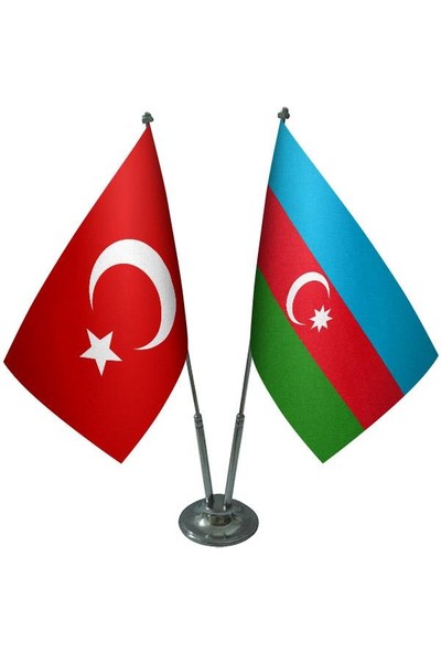 Saturndesign Masaüstü Azerbaycan Bayrağı Türk Bayrağı İkili Krom Direk Masa Bayrak Seti