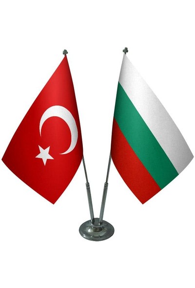 Saturndesign Masaüstü Bulgaristan Bayrağı Türk Bayrağı İkili Krom Direk Masa Bayrak Seti
