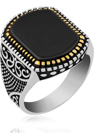 Gumush Gümüş Oniks Taşlı Desenli Erkek Yüzük
