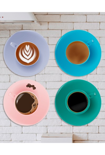 Kahve Fincanları Yuvarlak Modern Tasarım Mdf Duvar Tablo Seti 4 Parça