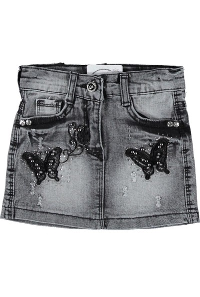 Paketle Express Incili Kelebek Nakışlı Likralı Kız Kot Etek 3/7 Yaş