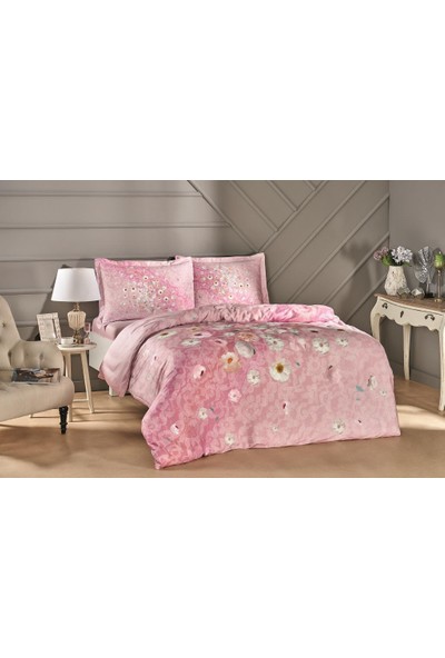 Taç Çift Kişilik Saten Nevresim Takımı Serlina Pembe