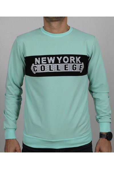 Erkek Mint Yeşili Bisiklet Yaka Baskılı Sweatshirt SB2021-32