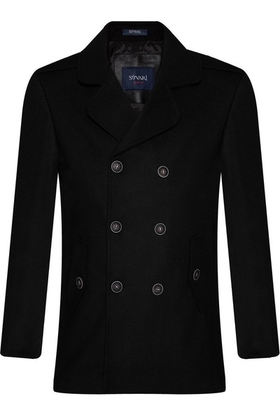 Süvari Yün Karışımlı Siyah Erkek Kruvaze Kaban