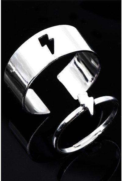 Labalaba Şimşek Figürlü Gümüş Renk Lak Kaplama Ayarlanabilir 2'li Çift Yüzük