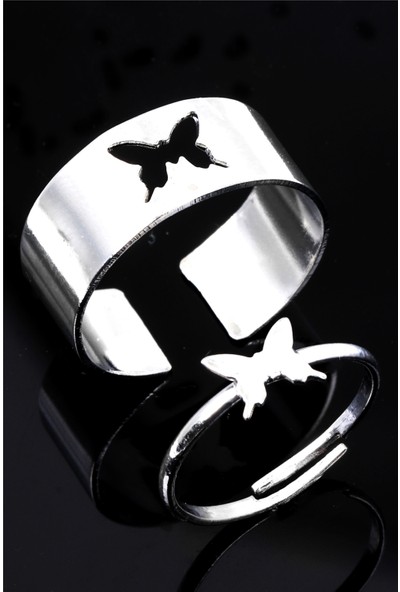 Labalaba Kelebek Figürlü Gümüş Renk Lak Kaplama Ayarlanabilir 2'li Çift Yüzük