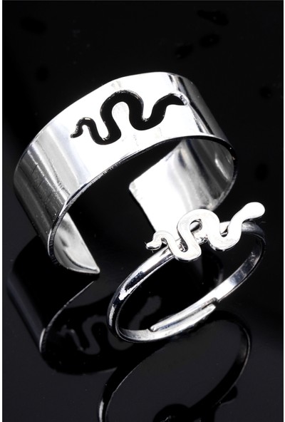 Labalaba Yılan Figürlü Gümüş Renk Lak Kaplama Ayarlanabilir 2'li Çift Yüzük