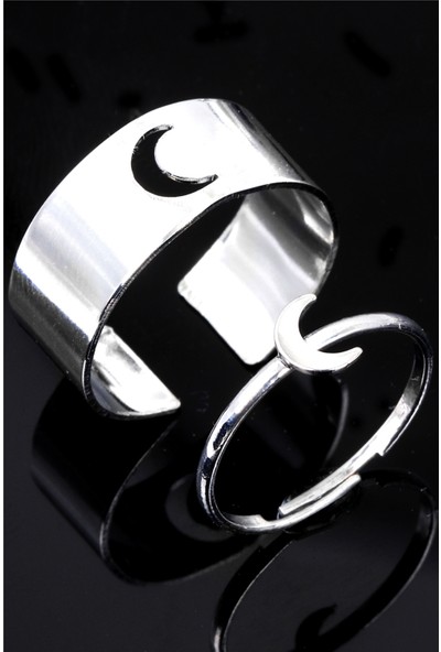 Labalaba Ay Figürlü Gümüş Renk Lak Kaplama Ayarlanabilir 2'li Çift Yüzük