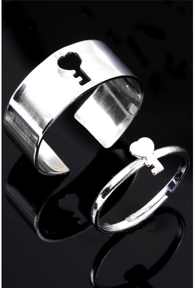 Labalaba Anahtar Figürlü Gümüş Renk Lak Kaplama Ayarlanabilir 2'li Çift Yüzük