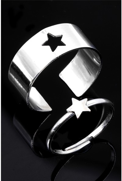 Labalaba Yıldız Figürlü Gümüş Renk Lak Kaplama Ayarlanabilir 2'li Çift Yüzük Labalaba Yıldız Figürlü Gümüş Renk Lak Kaplama Ayarlanabilir 2'li Çift Yüzük