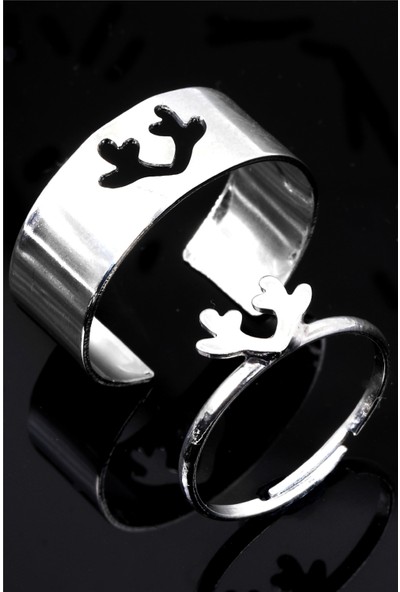 Labalaba Geyik Boynuzu Figürlü Gümüş Renk Lak Kaplama Ayarlanabilir 2'li Çift Yüzük Labalaba Geyik Boynuzu Figürlü Gümüş Renk Lak Kaplama Ayarlanabilir 2'li Çift Yüzük