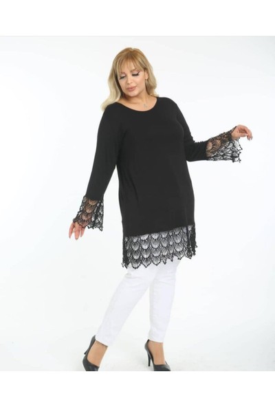 Zy Plus Büyük Beden Siyah Tünik Dantel Detaylı Zy Plus Büyük Beden Siyah Tünik Dantel Detaylı