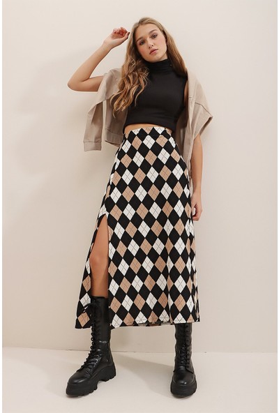 Hera Fashion Kadın Yüksek Bel Yırtmaçlı Yumuşak Dokulu Kışlık Midi Boy Etek