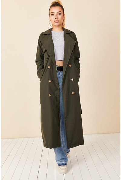 Hera Fashion Kadın Haki Şal Yaka Düğmeli Trençkot