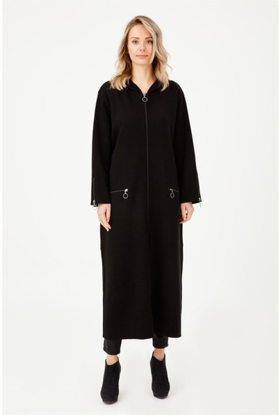 Mutlu Ertan Çizgili Fermuarlı Triko Pardösü-Siyah Füme