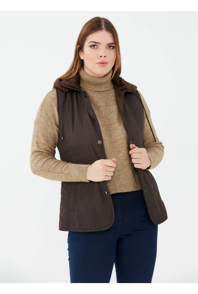 Selen 21KSL9093 Kahve Büyük Beden Bebe Yaka Velboalı Kapitone Yelek
