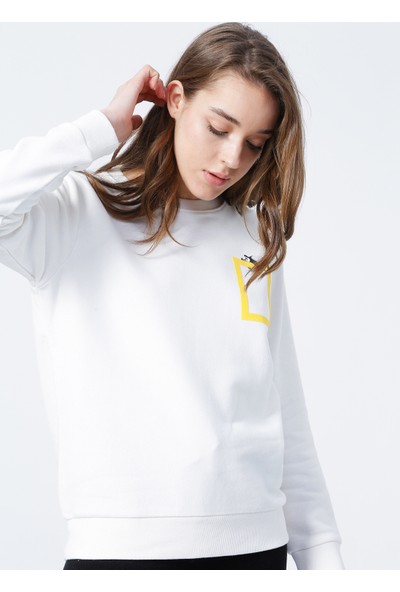 National Geographic W-Vostok-Swt Bisiklet Yaka Standart Kalıp Baskılı Beyaz Kadın Sweatshirt