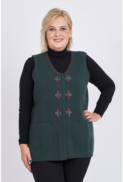 Desen Triko Kadın Önü Nakış Detaylı Yün Yelek 024931 Yeşil