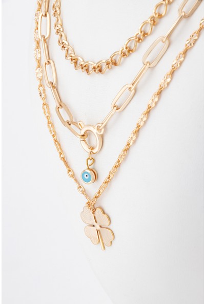 Sortie Çelik Yonca ve Nazar Boncuğu Figürlü Kombin Kolye Seti 007