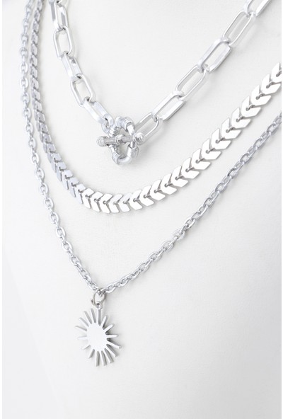 Sortie Çelik Güneş Figürlü Kombin Kolye Seti 002