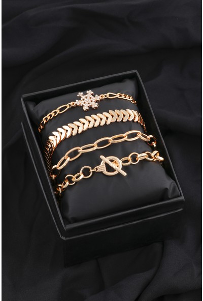 Sortie Zirkon Taşlı Kar Tanesi Figürlü Ok Zincirli 4'lü Kombin Bileklik Seti 005