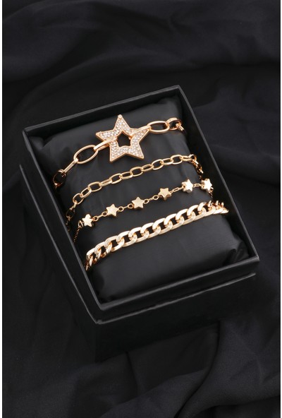 Sortie Zirkon Taşlı Yıldız Figürlü ve Yıldız Zincirli 4'lü Kombin Bileklik Seti 008
