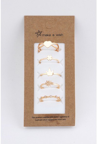 Sortie Çelik Kalp Yonca ve Kraliyet Tacı Figürlü 5'li Kombin Yüzük Seti 028