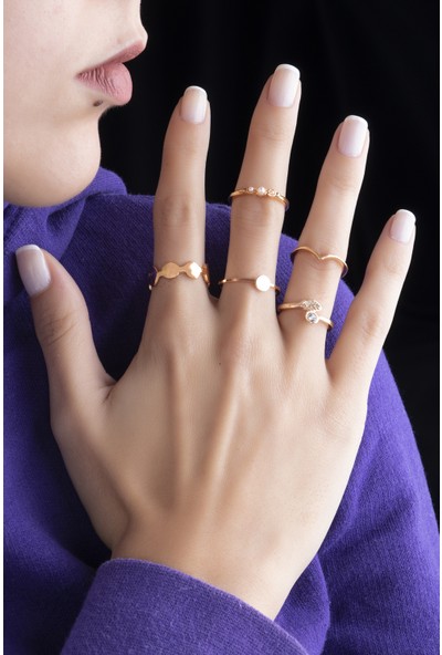 Sortie Zirkon Taşlı Yaprak Figürlü Incili 5'li Kombin Yüzük Seti 036