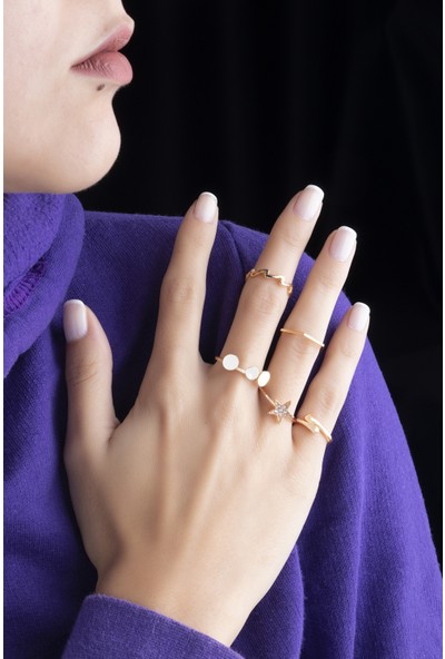 Sortie Zirkon Taşlı Yıldız ve Zikzak Figürlü 5'li Kombin Yüzük Seti 037