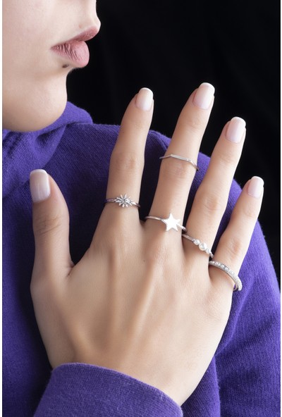 Sortie Çelik Yıldız Figürlü Incili 5'li Kombin Yüzük Seti 042