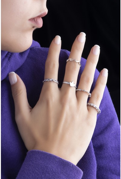 Sortie Zirkon Taşlı ve Kraliyet Tacı Figürlü 5'li Kombin Yüzük Seti 043