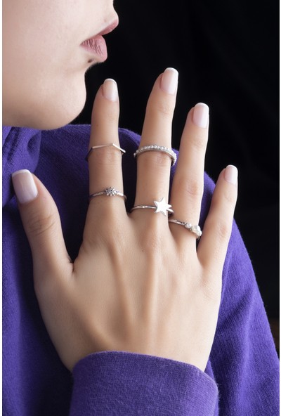 Sortie Çelik Yıldız Figürlü Incili 5'li Kombin Yüzük Seti 046