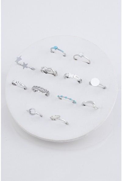 Sortie Çelik Yonca Kelebek ve Yılan Figürlü Zirkon Taşlı 12'li Kombin Yüzük Seti 002