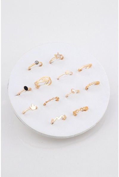 Sortie Çelik Kelebek Zirkon Taşlı Yıldız ve Inci Figürlü 12'li Kombin Yüzük Seti 004