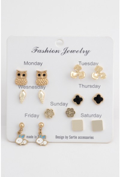 Sortie Baykuş ve Tavşan Figürlü 7 Çift Haftalık Küpe Seti 003