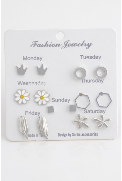 Sortie Papatya ve Kraliyet Figürlü 7 Çift Haftalık Küpe Seti 007