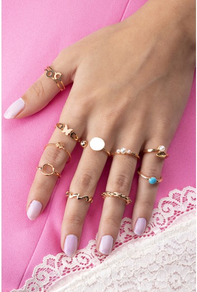 Sortie Inci ve Mavi Taş Detaylı Kelebek ve Yonca Figürlü 10'lu Yüzük Kombini 003 Sortie Inci ve Mavi Taş Detaylı Kelebek ve Yonca Figürlü 10'lu Yüzük Kombini 003