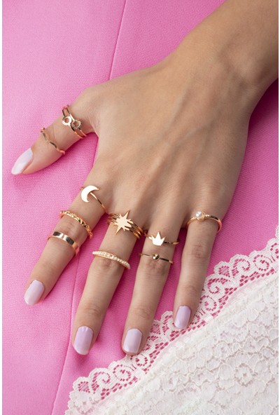 Sortie Inci Detaylı Kuzey Yıldızı ve Hilal Figürlü 10'lu Yüzük Kombini 004