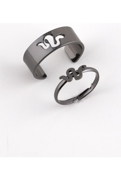 Sortie Çelik Yılan Figürlü Boyu Ayarlanabilir 2'li Çift Yüzük 001