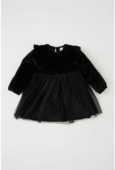 DeFacto Kız Bebek Bisiklet Yaka Uzun Kollu Tüllü Kadife ELBISE W1833A221WN