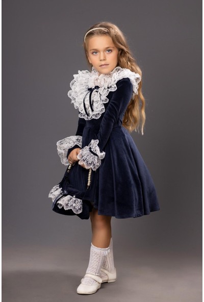 Magu Kız Çocuk Kabarık Dantelli Kadife Elbise Magu Kız Çocuk Kabarık Dantelli Kadife Elbise