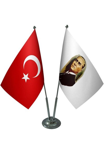 Saturndesign Masaüstü Atatürk Bayrağı Türk Bayrağı İkili Krom Direk Masa Bayrak Seti